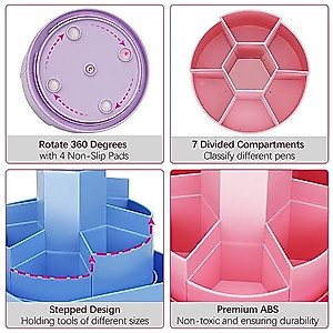 Pen Holder for Desk, 360° Rotating Pencil Holder, 7 Slot Pen Organizer, Large Cute Marker Organizer for Office, School, Classroom, Pencil Container with Stickers for Art Supply, Makeup Brush (Pink)