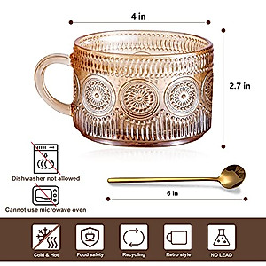 JVJRFQ Vintage Glass Coffee Mugs Set of 2 Amber, Embossed Glass Cups with Bamboo Lids and Spoons, 14 Oz Glass Breakfast Cups for Cappccino, Latte, Cereal, Yogurt, Dessert, Breakfast, Tea