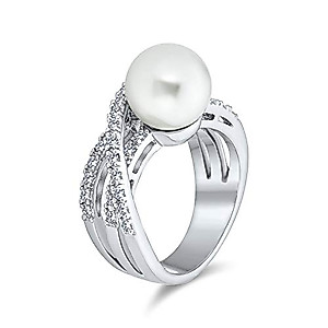 Bling Jewelry CZ Criss Cross Simulated Pearl Cocktail Ring Rhodium Plated,Size:7