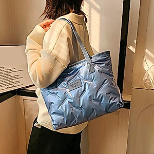 AZURAOKEY Puffer Tote Bag for Women, Quilted Cotton Padded Handbag, Women Shoulder Bags Soft Large Capacity Top-handle Bags Warm Zipper Simple Portable Lightweight for Girls Shopping-Blue