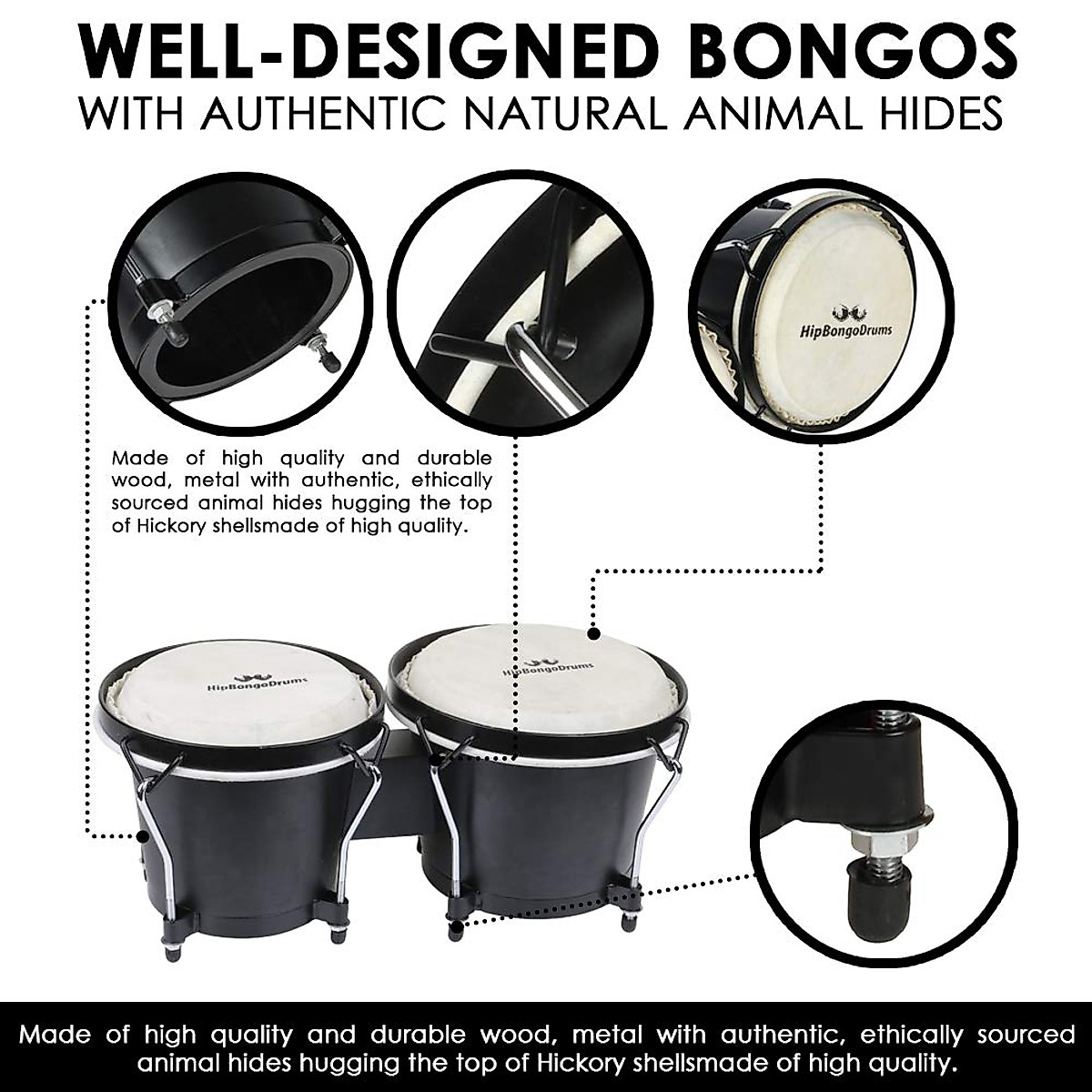 Bongo Drum Set for Adults Kids Beginners Professionals, Upgrade Packaging, Set of 6 and 7 inch Tunable Percussion Instruments, Natural Animal Hides Hickory Shells Wood Metal with Tuning Wrench
