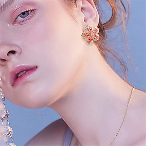 DAMLENG Handmade Chic Boho Pink Rhinestone Flower Statement Stud Earrings with Gold Flower Bud for Women Sister Mom Lover and Friends (Pink)