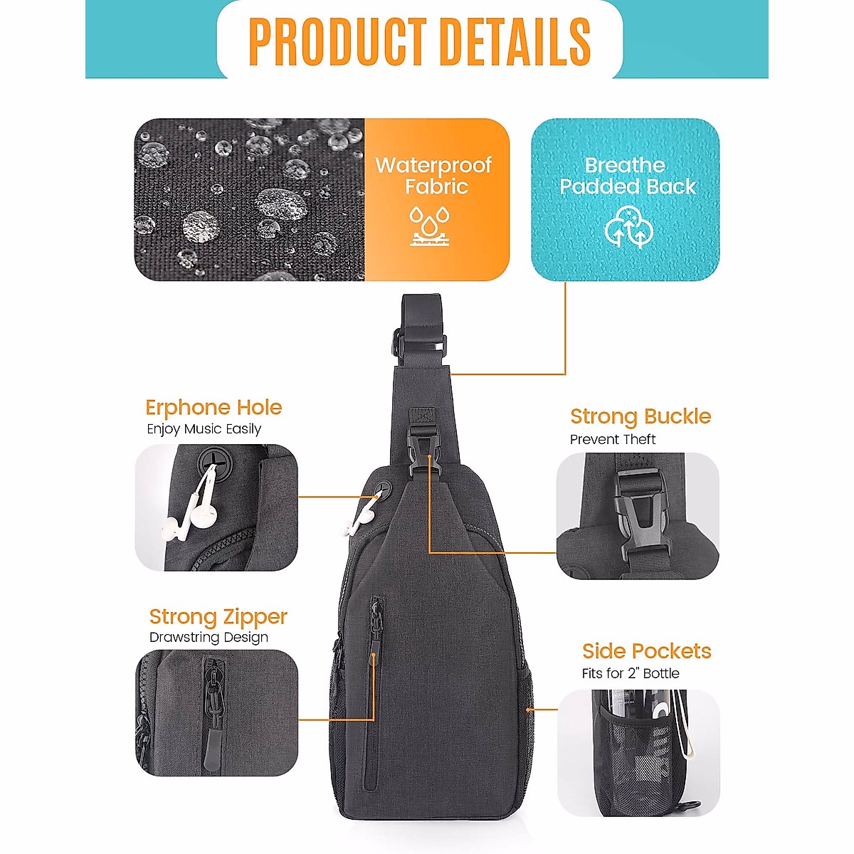 Crossbody Sling Bag for Women & Men, Waterproof Sling Backpack with USB Charging Port, Lightweight Shoulder Chest Bag for Hiking, Travel (Black)