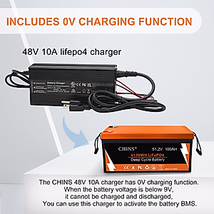 CHINS 4 Pack 12V 100AH LiFePO4 Battery 48V 100AH Lithium Battery, Includes 48V 10A Lithium Battery Charger, Perfect for Golf Cart, Trolling Motor, Marine, Includes Low-Temperature Cut-Off Function