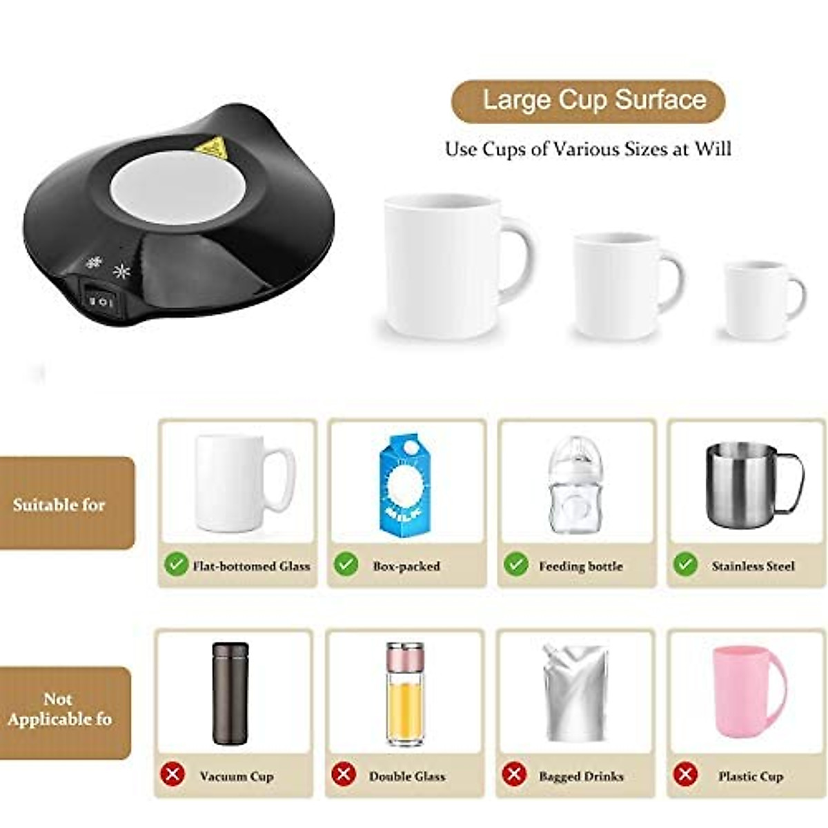 ASHATA Coffee Mug Warmer Iced, Temperature Control Smart Mug Pad for Coffee Tea and Milk, Smart Beverage Cup Mat Warmer Cooler for Travel Office Home, Red Light for Heating, Blue Light for Cooling