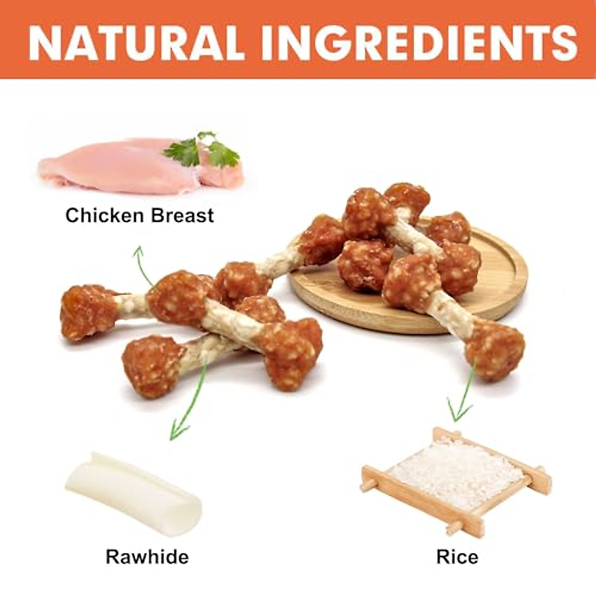 MON2SUN Dog Treats, 16oz Mini Rawhide Dog Chews, Chicken Dumbbells with Rice for Small Dogs & Toy Breed, Promotes Dental Health (2.5 Inch 30 Count)