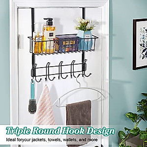 OUTNILI Over The Door Organizer Bathroom - Over Door Hanger Towel Rack with 15 Hooks & 1 Basket - Black Rustproof & Waterproof Stainless Steel Door Organizer for Bathroom Kitchen Bedroom Accessories