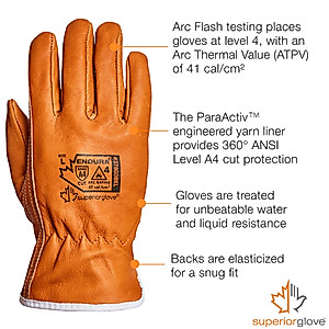 Superior Glove Goat Grain Leather Work Arc Flash Gloves with ParaActiv Cut Resistant Protection - Endura Safety Gloves Water Resistant 378GOBKL (1 Pair) Size Large