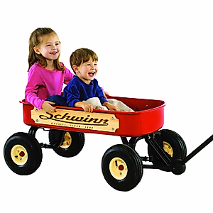 Schwinn Quad Steer 4x4 Wagon for Kids Red, Large Air-Filled Tires, Extra Deep Heavy Gauge Steel, Telescopic Extendable Handle, Real Wood Panels, Easy Assemble