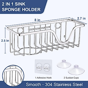 Sponge Holder for Kitchen Sink with Adhesive Hook & Suction Cups - 2 IN 1 Sink Caddy for Sponges, Dish Brush, Scrubbers, Soap - 304 Stainless Steel Kitchen Bathroom Organizer Accessories - Polished