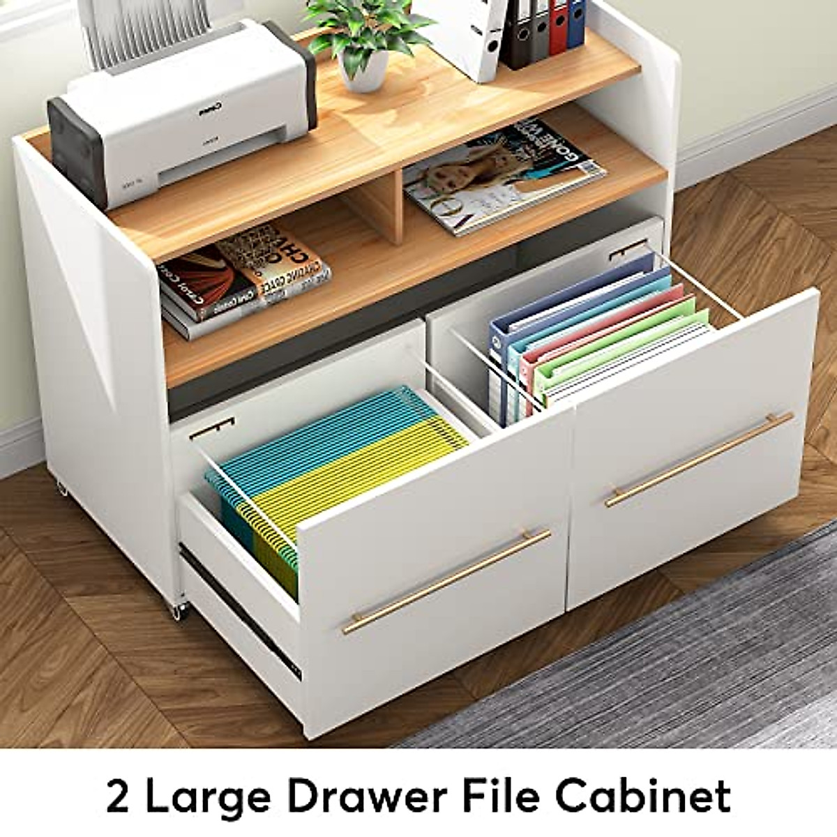LITTLE TREE 2 Drawer File Cabinet Rolling Filing Cabinets with Wheels, Lateral File Cabinet for Letter Size, Printer Stand and Open Storage Shelves for Home Office, White