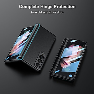 Libeagle Compatible with Samsung Galaxy Z Fold 3 Case, Support All Magsafe Accessories, Leather on Back, Hinge Protection, Built-in Screen Protector, Magnetic Cover 5G 2021, Black