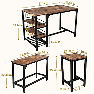 Rxicdeo Dining Table Set for 4, Kitchen Table with 1 Bench and 2 Chairs, Kitchen & Dining Room Tables with Wine Rack and Storage Shelf, Space-Saving Dinette for Kitchen, Dining Room (Brown)