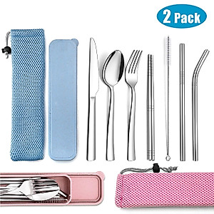 LIANYU 2 Pack Travel Silverware Set, 18-Piece Portable Utensils Flatware Set with Blue and Pink Case Bag, Reusable Cutlery Set for School Office Camping, Dishwasher Safe