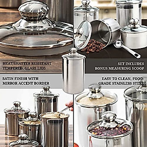 Airtight Canisters Sets for the Kitchen Counter - Stainless Steel Food Storage Containers with Glass Lids for Tea, Coffee, Sugar, Flour - Baking Dry Storage, Metal Pantry Canister - Medium 4PCS