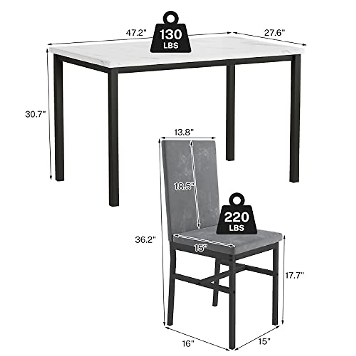 YOFE Dining Table Set for 4, Kitchen Table with 4 Chairs,Faux Marble Tabletop & 4 Leather Upholstered Chairs for Dining Room,Kitchen, Dinette, Breakfast Nook (Gray+White)