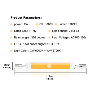 Lustaled 118MM R7S COB LED Bulbs, 9W J Type 118MM Double Ended LED Lights 120V T3 R7S Base 100W Halogen Floodlight Replacement for Garage Speciality Lighting Floor Lamps (Daylight 6000K, 2-Pack)