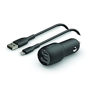 Belkin 24 Watt Dual USB Car Charger - 2 12W USB A Ports with Lightning Cable - Fast Charging Apple iPhone 14, 14 Pro, 14 Pro Max, iPhone 13, 13 Pro Max, Samsung Galaxy, AirPods & More - USB-C Charger