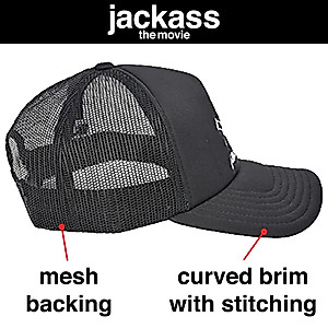MTV Jackass Embroidered Skull and Crutches Logo Adjustable Cotton and Mesh Trucker Hat with Curved Brim, Black, One Size
