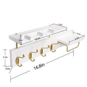 Lampaggio Coat Rack Wall Mount with Shelf, 4 in 1 Wood Coat Hooks with Key and Mail Holder, 17 Inch Entryway Hanging Shelf with Sunglasses Holder and 4 Metal Hooks for Clothes Hats Bag, White and Gold