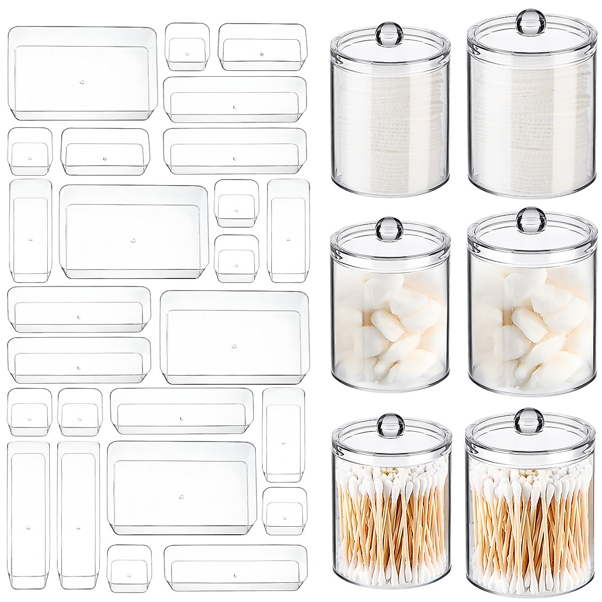 Teenyyou 30 Pcs Clear Plastic Drawer Organizer Set Include 10oz 12oz Cotton Swab Ball Holder 24 Pcs Stackable Desk Drawer Organizer Trays for Makeup