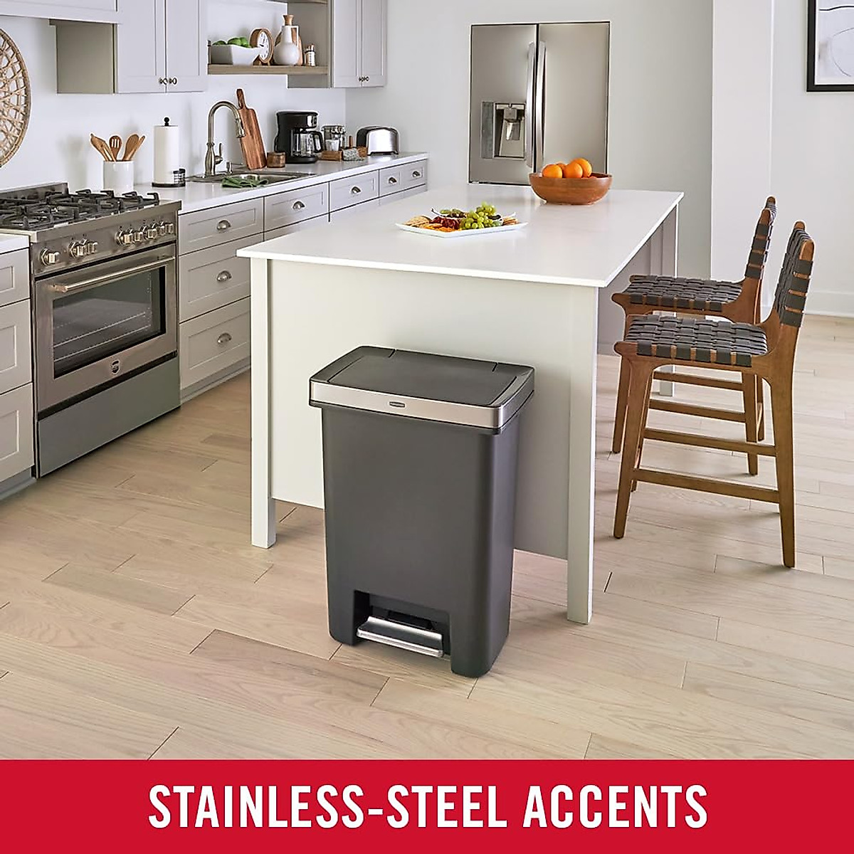 Rubbermaid Premier High-Capacity Step-On Trash Can, 19 Gallon, Single or Dual Stream Trash or Recycling, Charcoal, Stainless-Steel Rim, Lid Lock, Quiet Lid, for Home/Kitchen/Garage/Apartment/Office