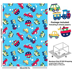 Geluode Birthday Wrapping Paper for Boys Men Kids, Cartoon Car Red Fire Trucks Boat Transport Blue Wrapping Paper 6 Sheets 20x28 Inches Per Sheet