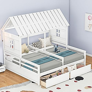 DEYOBED Wooden Double Shared Bed, Twin Size House Bed with 2 Storage Drawers Roof Design, House Platform Bed for Kids, Boys and Girls, Combination of 2 Side by Side Twin Size Beds, White