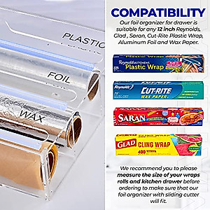 YOC Wrap Dispenser, Clear Acrylic Foil, Wax Organizer with Slide Cutter, Suitable for Wall Mounting or Kitchen Drawer, Compatible with 12 Inch Rolls (3 in 1 Wrap Dispenser)