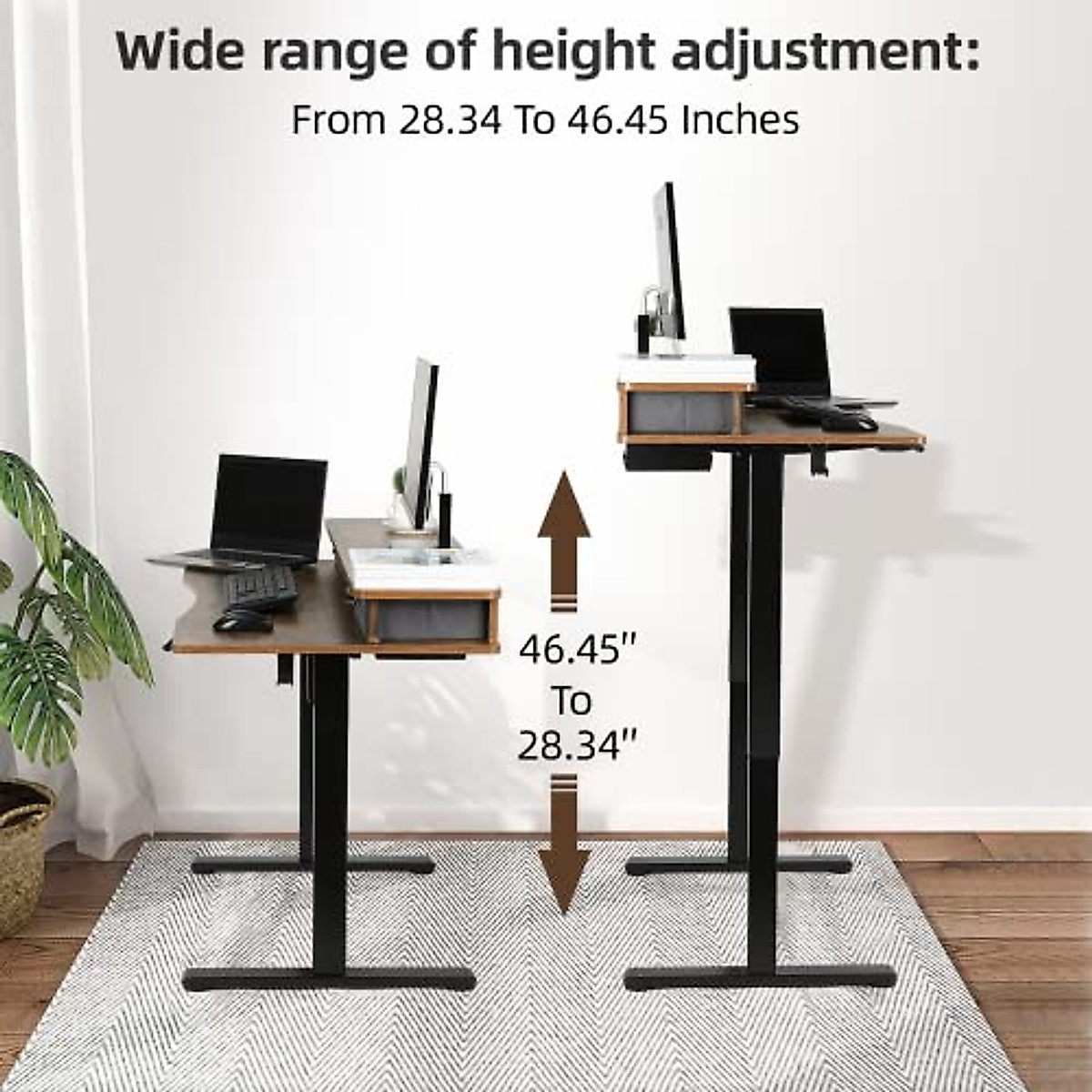 VOWNER Standing Desk Adjustable Height, 48 x 24 Inch Electric Stand up Desk with 2 Drawers and 2 Tier Storage Shelf, Sit Stand Home&Office Desks with 3 Preset Buttons, Rustic Brown Top
