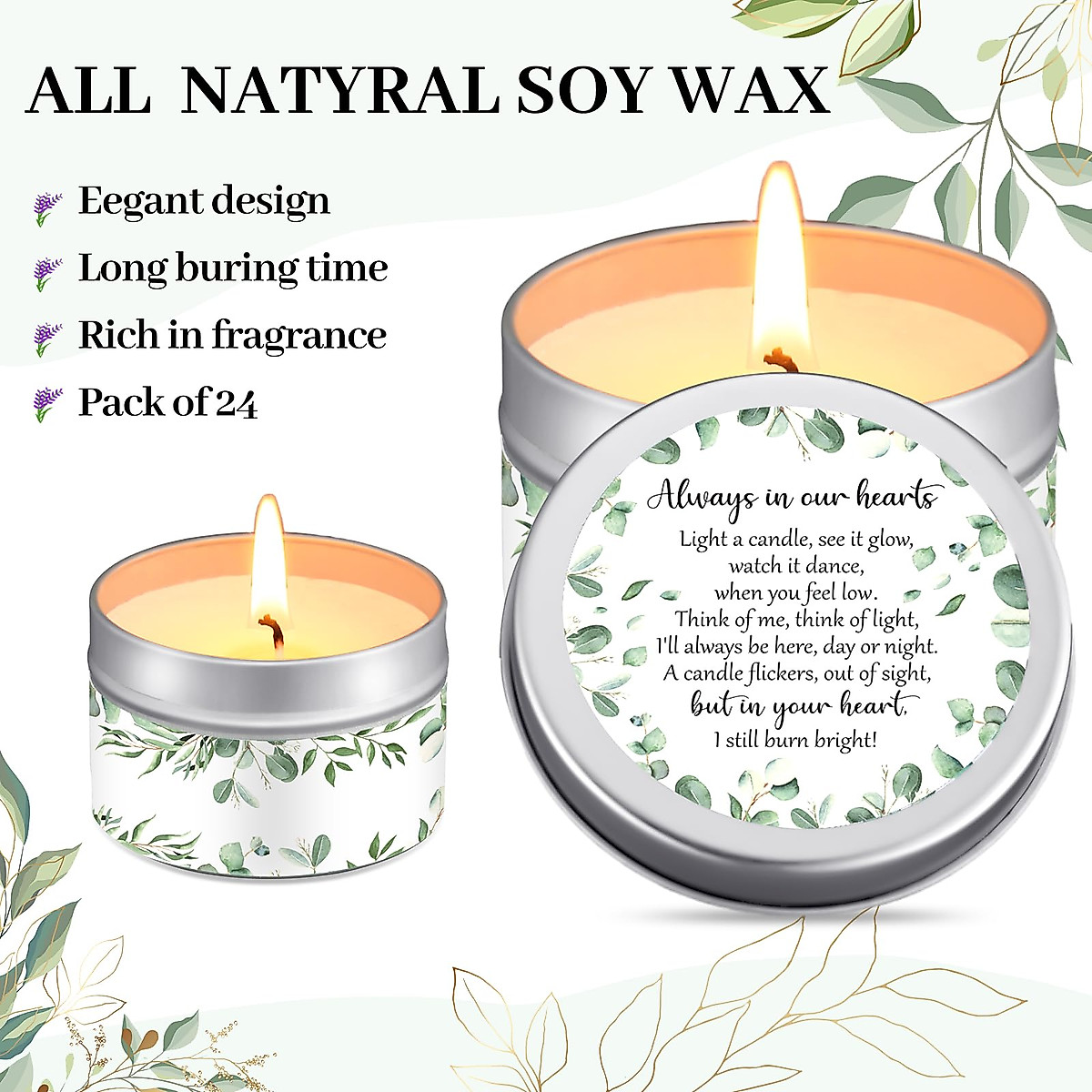 MTLEE 24 Pcs Funeral Favors Memorial Lavender Scented Candles Funeral Tealight Candles White Candles Funeral Gift Sympathy Gifts Condolence Bereavement Candle for Guest Funeral Party Family (Greenery)