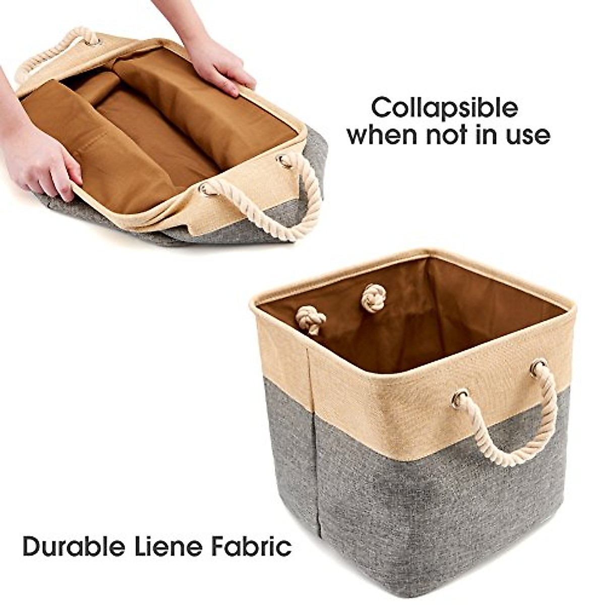 EZOWare 3-Pack Collapsible Storage Bins Basket Foldable Canvas Fabric Cubes Boxes with Handles for Kids Babies Nursery Room Toys Organizer (13 x 13 x 13 inches) - Gray and Beige