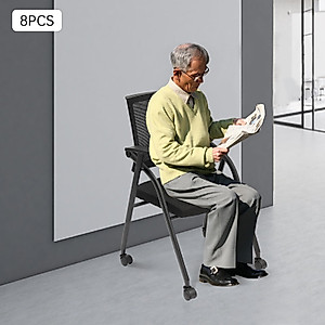 Conference Room Chairs, Set of 8, Stackable & Ergonomic Foldable Chair with Wheels and Armrest, Mesh Bouncing Back, Lumbar Support, Training Room Chair for Office Meetings, Reception