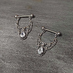 Body Candy Stainless Steel Clear Teardrop Chain Dangle Nipple Ring Set of 2 14 Gauge 5/8"