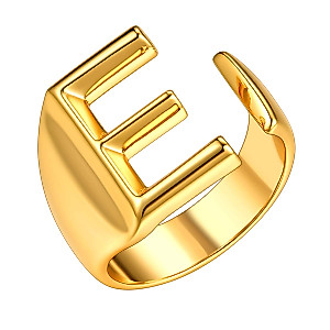 FOCALOOK Gold Initial Letter Open Ring Adjustable Women Statement Rings Party|Women Signet Ring|18K Gold Plated Bold Open Alphabet Rings|Letter A to Z (E)