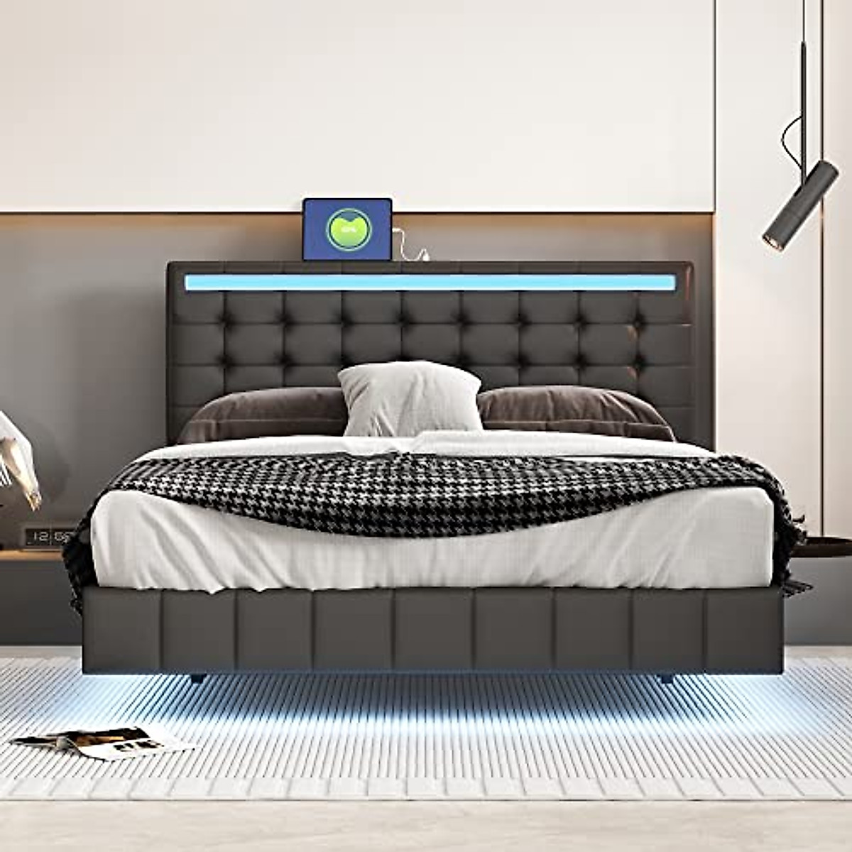 Queen Size Floating Bed Frame with LED Lights and USB Charging, Modern Upholstered Platform LED Bed Frame No Box Spring Needed, Easy Assembly (Black)