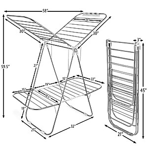 Luxe Laundry Premium Clothes Drying Rack, Foldable 2-Layer Stainless Steel Drying Rack, Free Standing with Height Adjustable Wings, Stainless Steel, Sock Clips, Towel Rack, Clothes, White