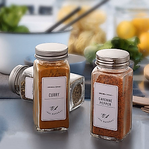 AOZITA 36 Pcs Glass Spice Jars with White Printed Spice Labels - 4oz Empty Square Spice Bottles - Shaker Lids and Airtight Metal Caps - Silicone Collapsible Funnel