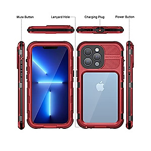 WIFORT iPhone 13 Pro Max Waterproof Metal Case - Built-in [Screen Protector][15FT Military Grade Shockproof][IP68 Water Proof], Full Body Aluminum Protective Dropproof Cover, 6.7" Red