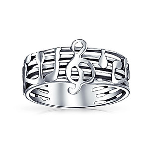 Personalize Musician Student Teacher Bar Measure Treble Clef Note Music Band Ring For Teen For Women Oxidized .925 Sterling Silver Customizable