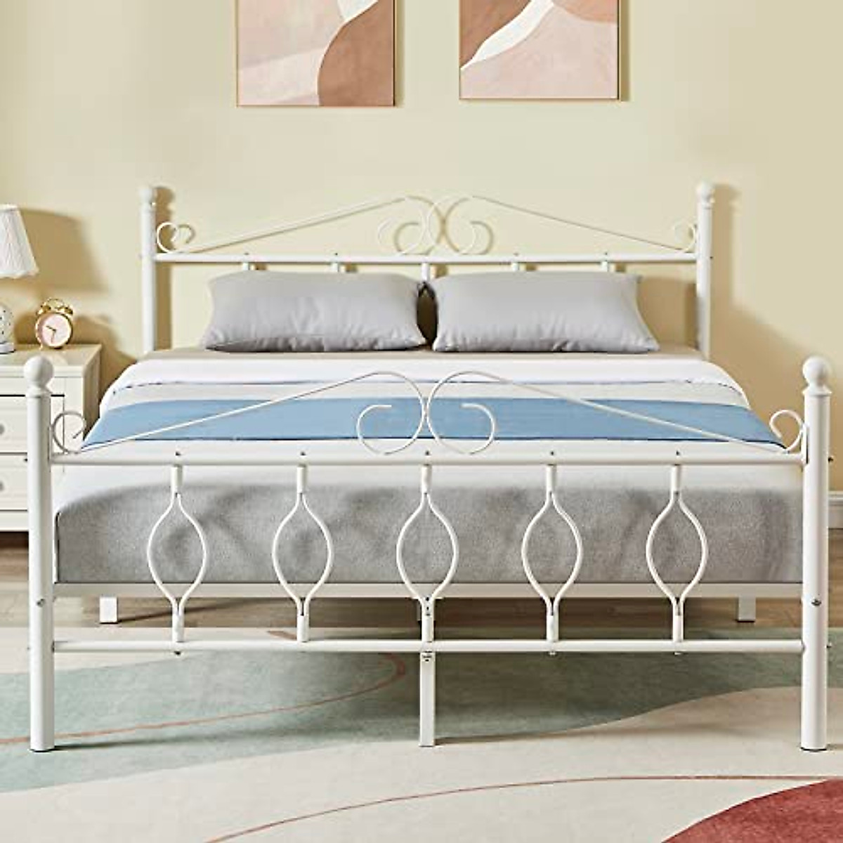 GreenForest Full Size Bed Frame with Headboard Heavy Duty Metal Platform Bed Frame with Underbed Storage No Box Spring Needed Mattress Foundation, White