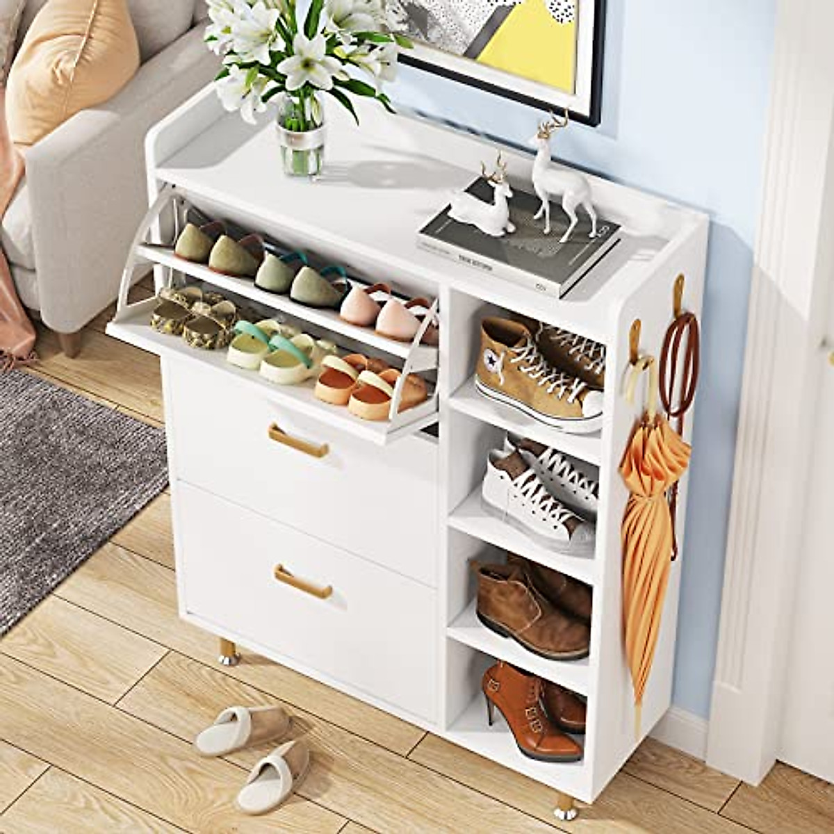 LITTLE TREE Shoe Cabinet, Freestanding Shoes Storage Cabinets with 3 Flip Drawers and Open Shelves for Entryway