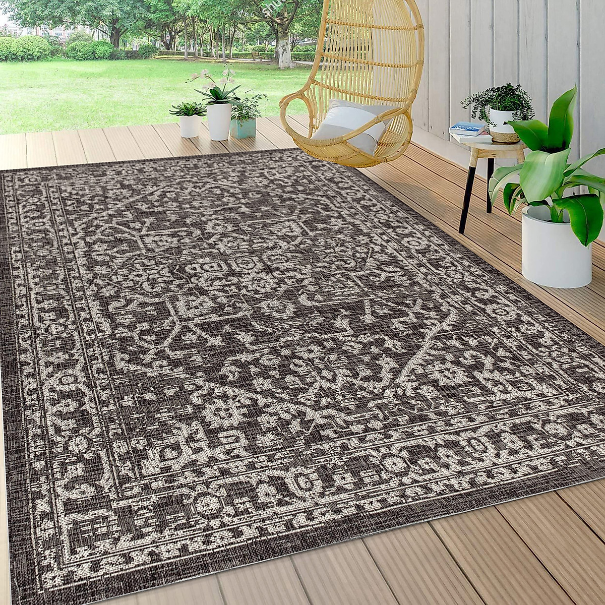 JONATHAN Y SMB104C-3 Malta Bohemian Medallion Textured Weave Indoor Outdoor Area -Rug, Coastal, Traditional, Transitional Easy -Cleaning,Bedroom,Kitchen,Backyard,Patio,Non Shedding, Black/Gray, 3 X 5