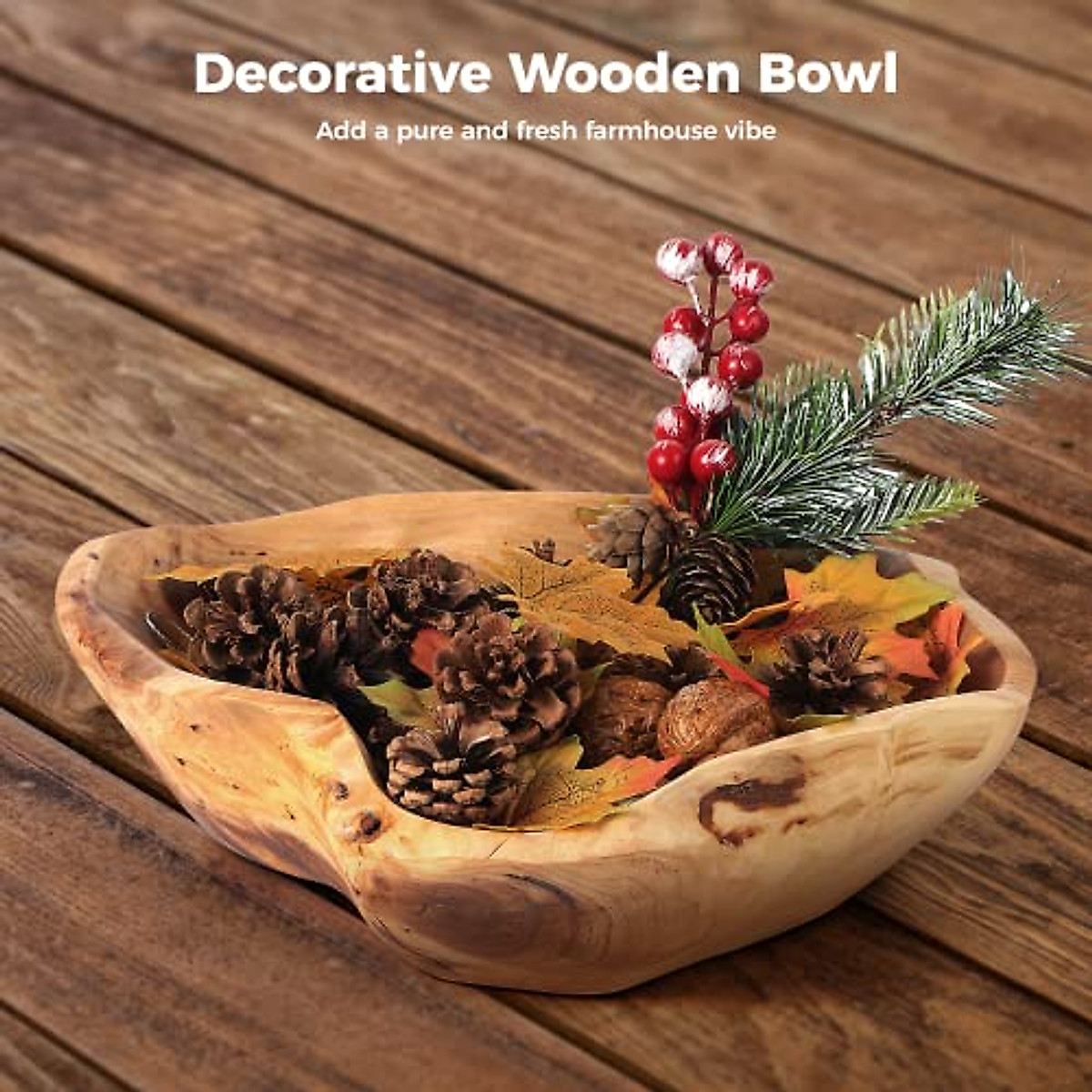 Homaisson 12''x10'' Decorative Wooden Bowl, Natural Handmade Wavy Live Edge Bowl for Dining Room Kitchen Table Home Decor, Farmhouse Wooden Fruit Bowl, Decorative Bowl for Nuts Keys Jewelry Display