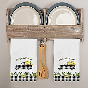 Beisseid Summer Kitchen Towels Floral Fruit Lemon Truck Dish Towels Dishcloth Fingertip Hand Towels Cloth Black Buffalo Plaid Soft Cotton Tea Towel 18x28in
