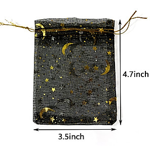 100 Pcs 3.5 x 4.7 Inch Black Organza Jewelry Gift Bag, Moon Star Drawstring Candy Bag for Wedding Party Valentine's Day.