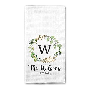 Personalized Wreath Monogram Tea Towel, Waffle Weave Tea Towel, Housewarming Gift, Farmhouse Decor, Wedding Gift
