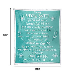 BLANKIEBLISS - Teal Sister Throw Blanket - Super Soft & Cozy Sherpa Fleece - Perfect Sister or in Law Birthday Gifts from Sister - Snuggly Hug Blankets 60x50
