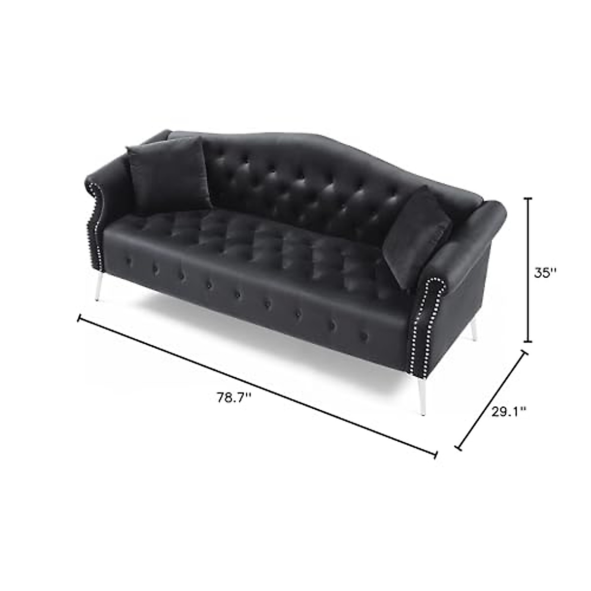 LIADTOP, 78.7" Classic Chesterfield Velvet Sofa Contemporary Upholstered Couch with Button Tufted and Rolled Arms, 2 Pillows Included, 3 Seater, Black