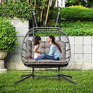Brafab Luxury X-Large Double Egg Swing Chair 2 Person Hanging Chair Hand Made Rattan Wicker Hammock Chair with Stand and UV Resistant Grey Cushion, Aluminum Frame, for Outdoor Garden Patio Porch